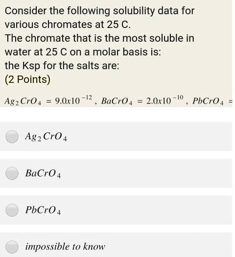 SOLVED: Consider the following solubility data for various chromates at ...