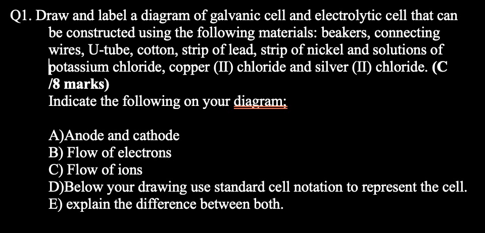 Q1. Draw and label a diagram of galvanic cell and...