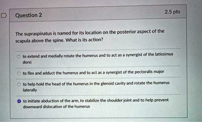 Question 2 2.5 pts The supraspinatus is named for its...