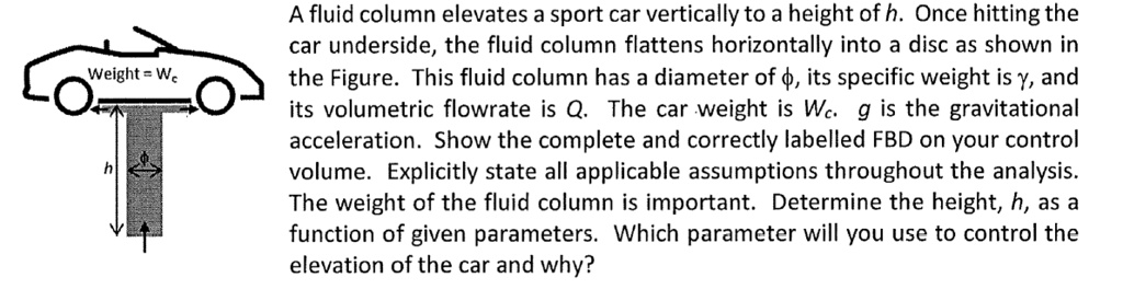 A fluid column elevates a sport car vertically to a height of h. Once ...