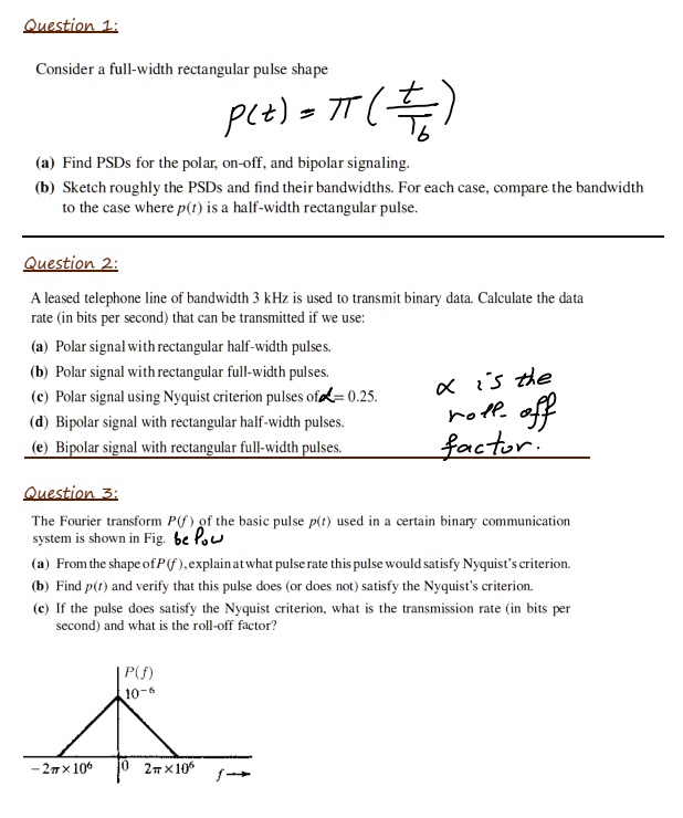 Question 1 Consider Full Width Rectangular Pulse Shape Pct T1 A Find Psds For The Polar On Off