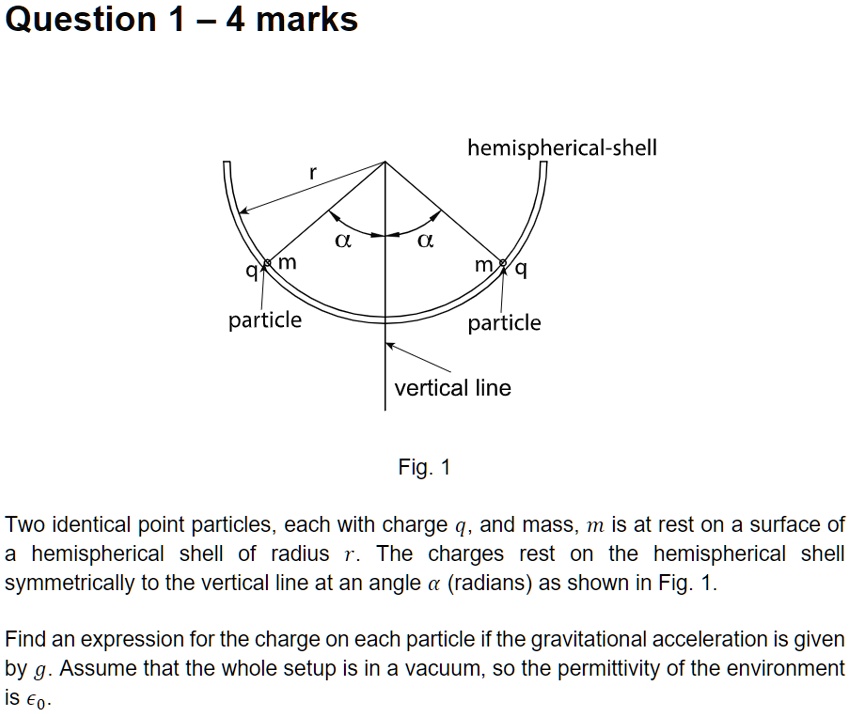 SOLVED: Hemispherical Shell Two identical point particles, each with charge q and mass m, are at ...