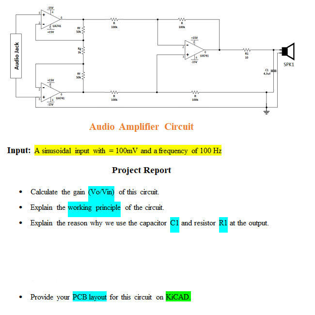 Audio Amplifier Circuit Input: A sinusoidal input with =100 mV and a frequency of 100 Hz Project ...