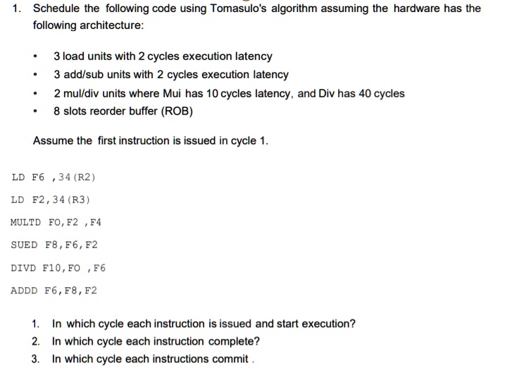 Solved 1 Schedule The Following Code Using Tomasulo S Algorithm Assuming The Hardware Has The