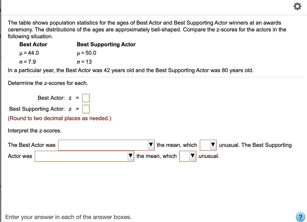 the table shows population statistics for the ages of best actor and ...