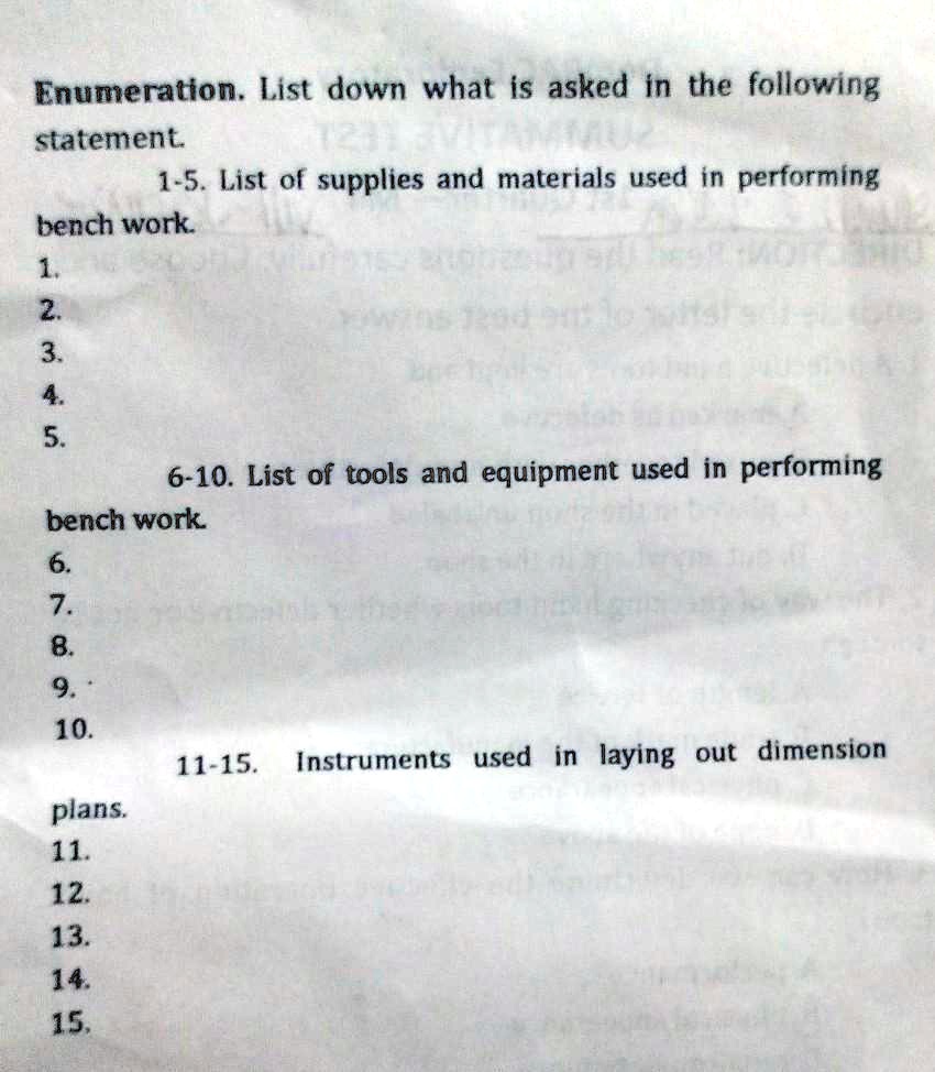 Enumeration. List down what is asked in the following statement. 1-5. List of supplies and ...