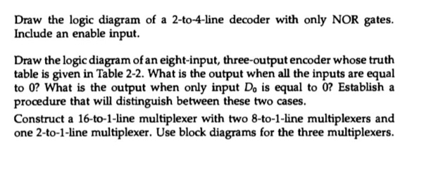 SOLVED: Draw the logic diagram of a 2-to-4-line decoder with only NOR ...