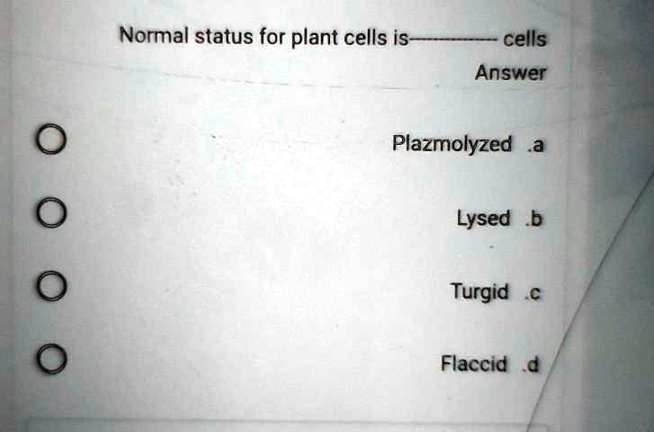 SOLVED: Normal status for plant cells is cells Answer Plasmolyzed .a ...