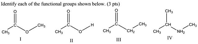 SOLVED: Identify each of the functional groups shown below.(3 pts) CH CH3 CH3 CH CH3 CH2 11 III IV