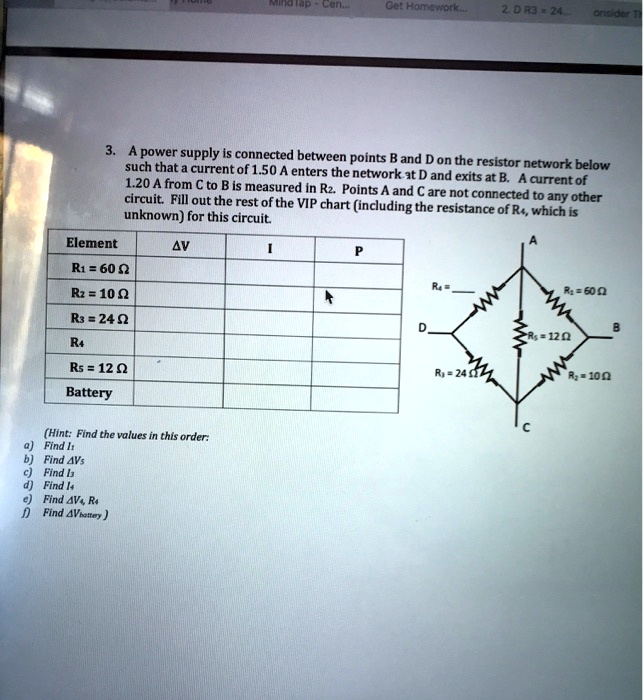 3. A power supply is connected between points B and D on the resistor network below such that a ...