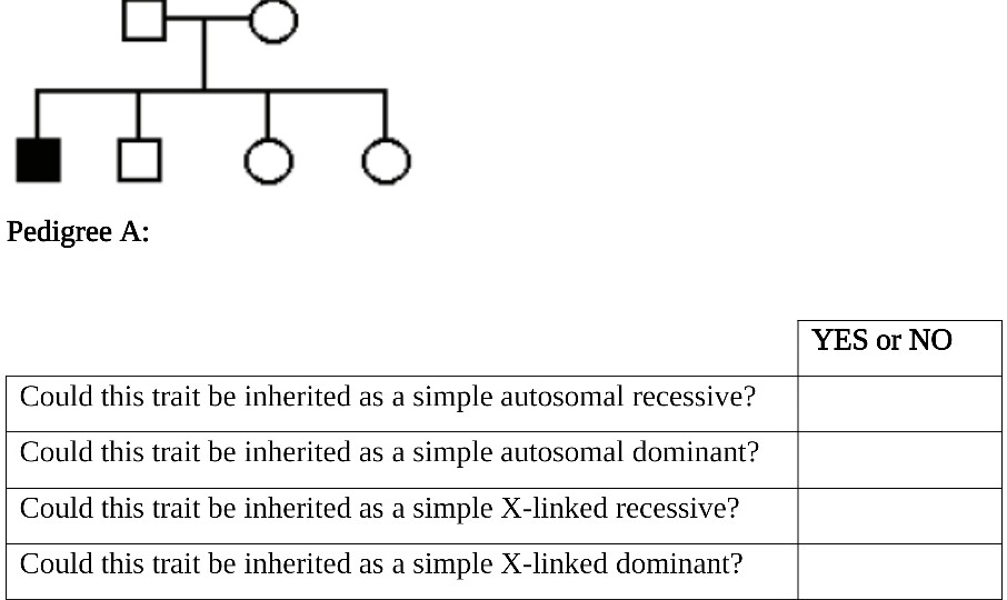 pedigree a yes or no could this trait be inherited as simple autosomal recessive could this ...