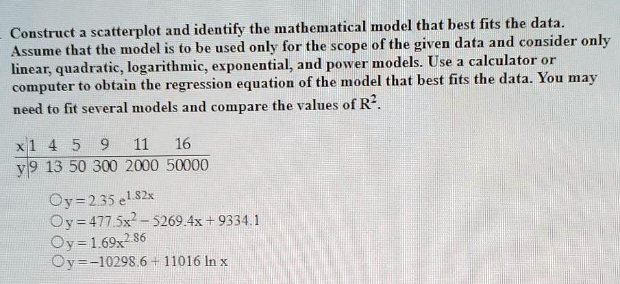 SOLVED: Construct scatterplot and identif the mathematical model that best fts the data Assume ...