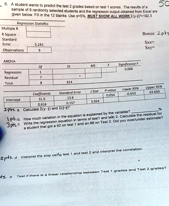 a student wants predict the test 5c grades based on test scores the ...