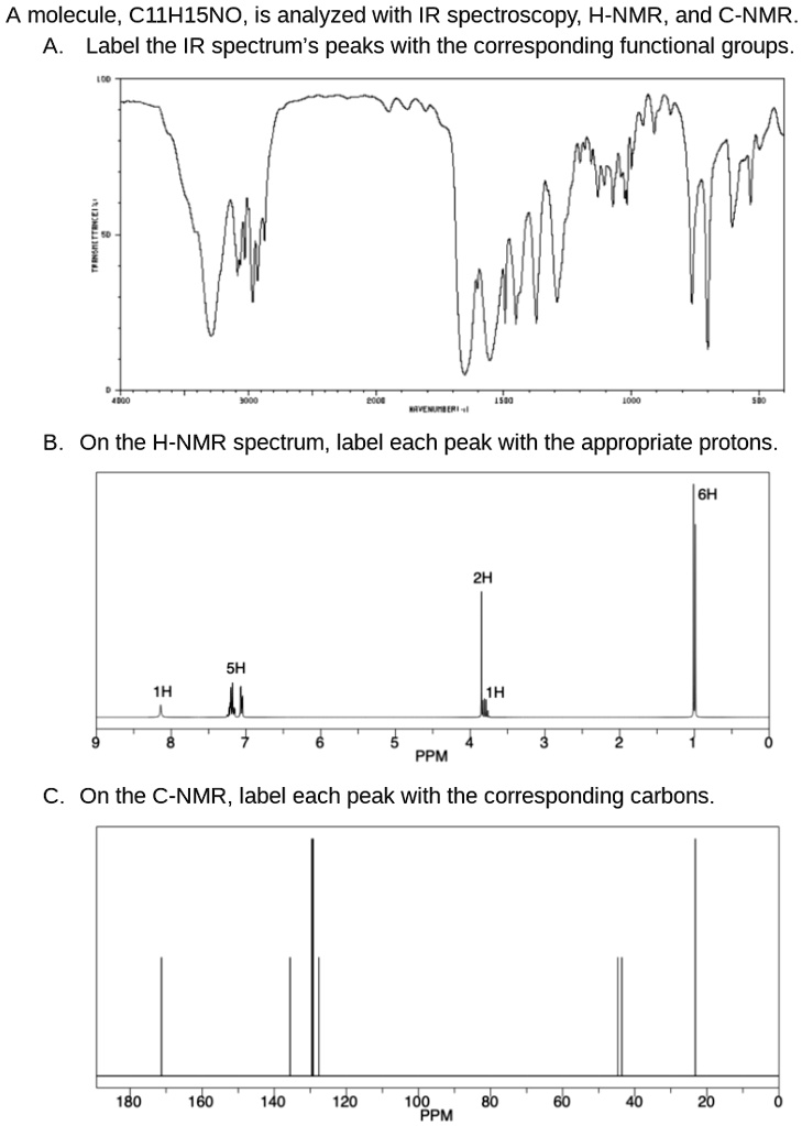 A molecule, C11H15NO, is analyzed with IR spectroscopy, H-NMR, and C ...