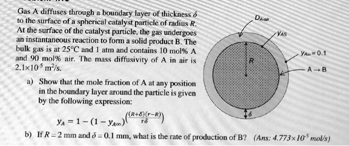 SOLVED: Gas A diffuses through a boundary layer of thickness Î´ to the surface of a spherical ...