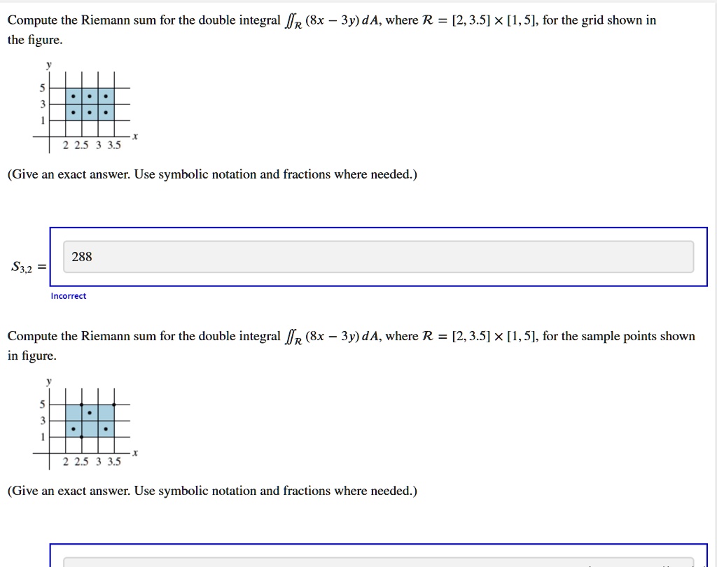 SOLVED: Compute the Riemann sum for the double integral p(8x - 3y) dA ...