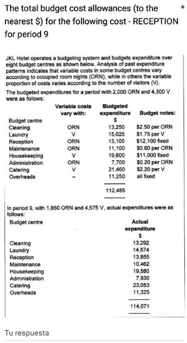 the total budget cost allowances to the nearest for the following cost reception for period 9 ...