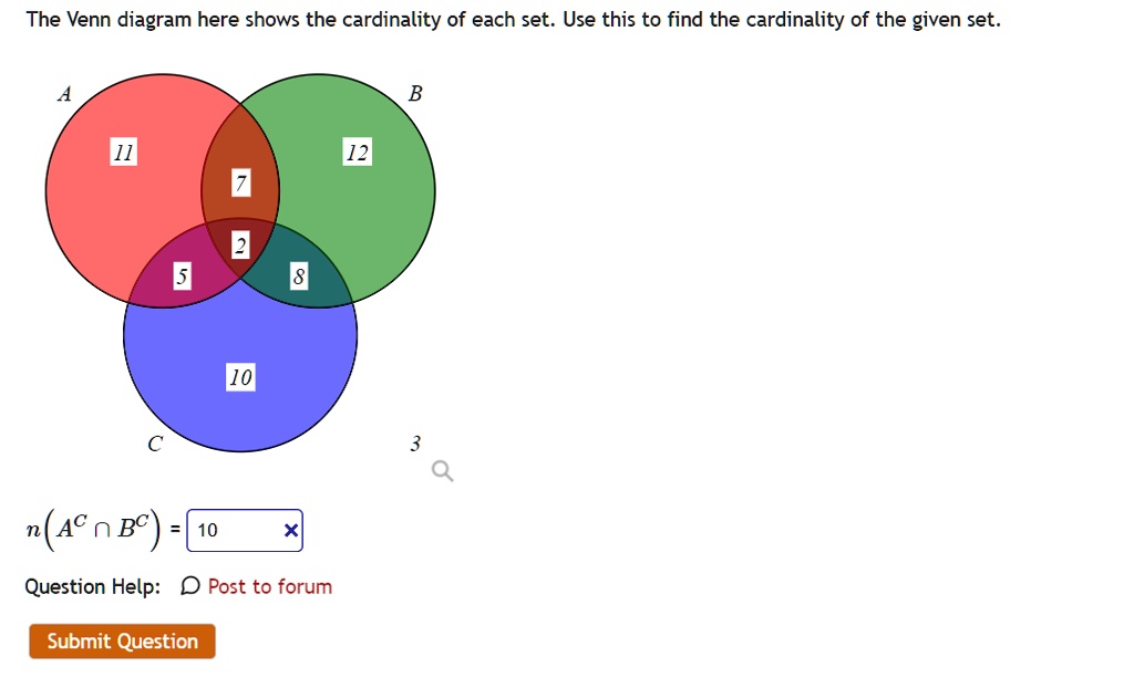 The Venn diagram here shows the cardinality of each set. Use this to find the cardinality of the ...