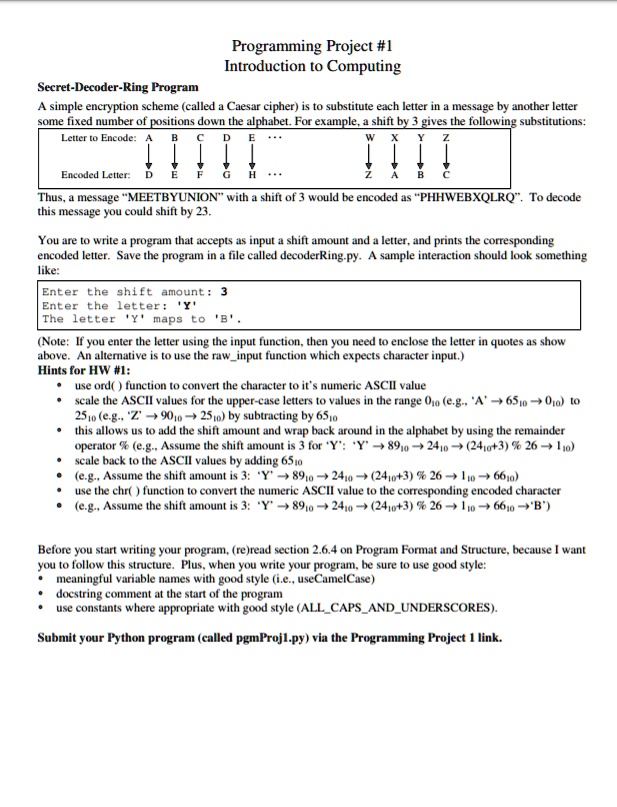 Solved Programming Project 1 Introduction To Computing Secret Decoder Ring Program A Simple