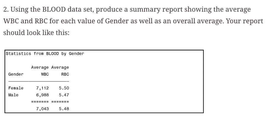 2. Using the BLOOD data set, produce a summary report showing the ...