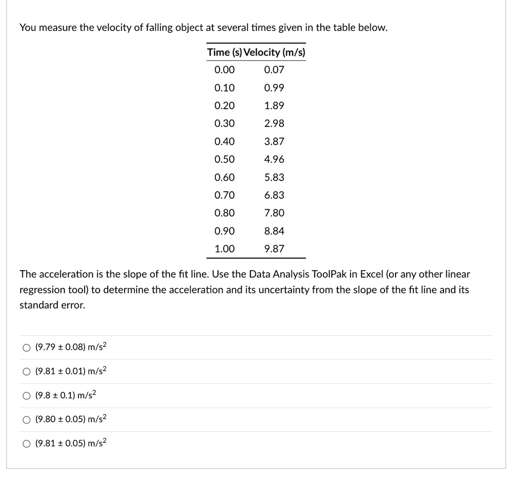 SOLVED: You measure the velocity of a falling object at several times ...