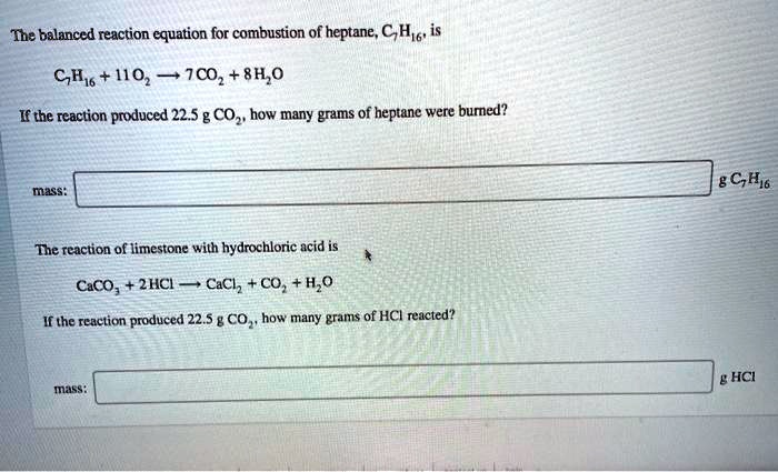 tpe balanced reaction cquation for combustion of heptane chj6 cho 1102 ...