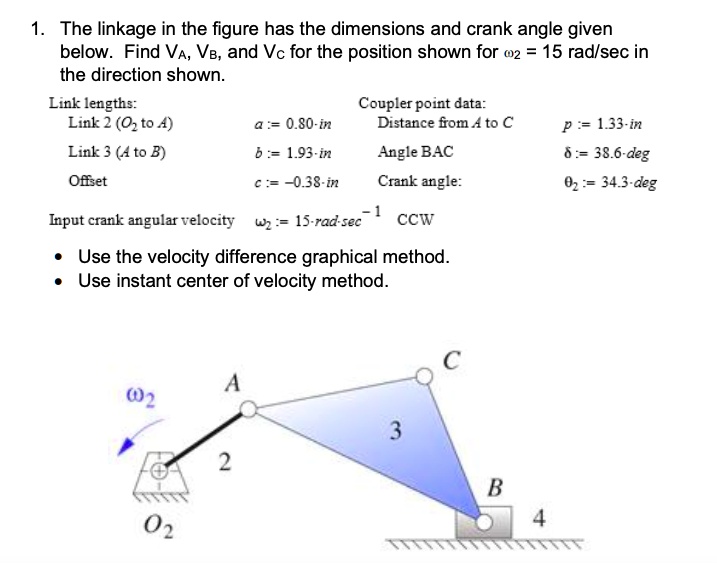 SOLVED: The linkage in the figure has the dimensions and crank angle given below. Find VA, VB ...