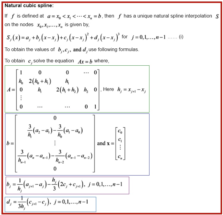 Natural cubic spline: If f is defined at x0, x1, ..., xn-1 and h = xi+1 - xi, then f has a ...