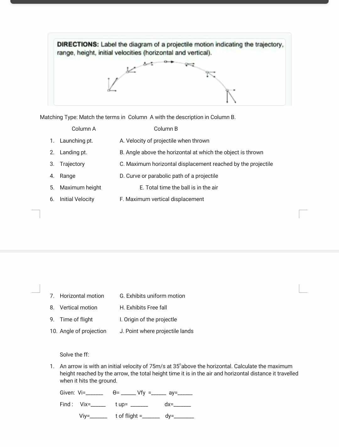 DIRECTIONS: Label the diagram of a projectile motion indicating the ...