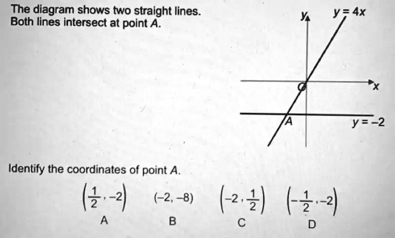 SOLVED: The diagram shows two straight lines. Both lines intersect at point A. Y = Ax Y = -2 ...