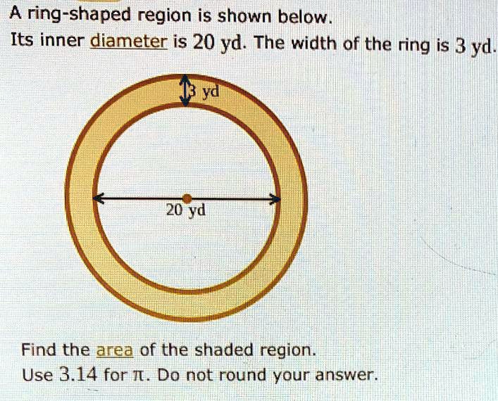 A ring-shaped region is shown below. Its inner diameter is 20 yd. The ...