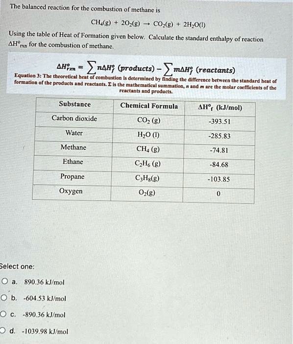 The balanced reaction for the combustion of methane is CH4(g) + 2O2(g) ? CO2(g) + 2H2O(l) Using ...