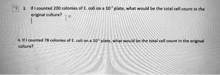 SOLVED: If I counted 200 colonies of E. coli on a 10-plate, what would ...