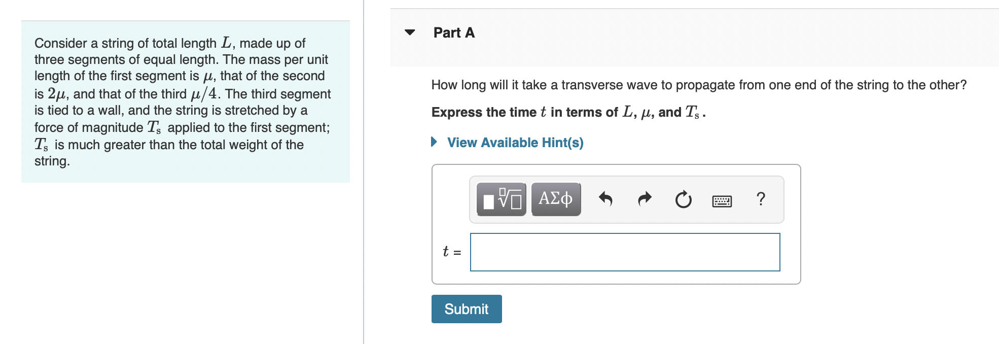 Consider a string of total length L, made up of three segments of equal length. The mass per ...