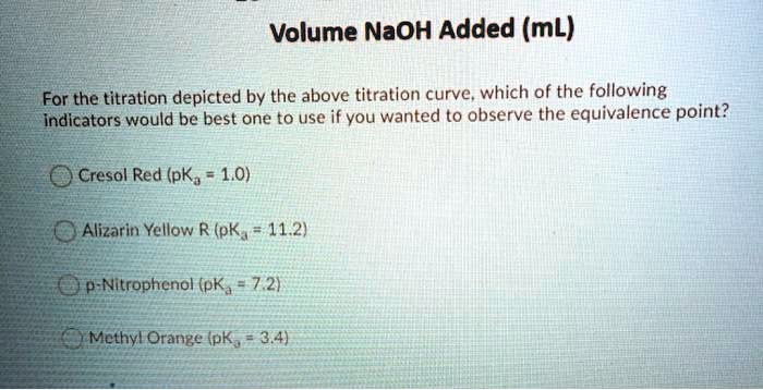 SOLVED: Volume NaOH Added (mL) For the titration depicted by the above titration curve; which of ...