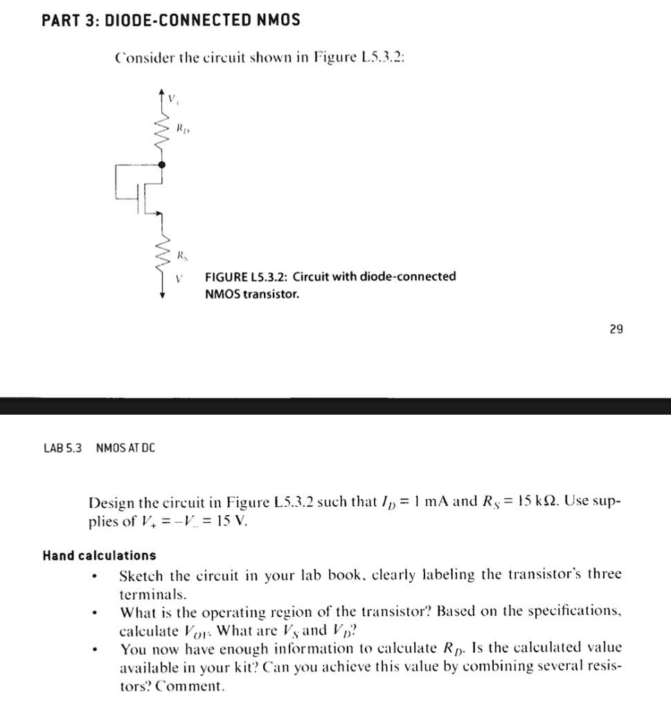 SOLVED: PART 3: DIODE-CONNECTED NMOS Consider the circuit shown in ...