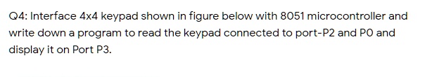 SOLVED: Q4: Interface 4x4 keypad shown in the figure below with 8051 microcontroller and write ...