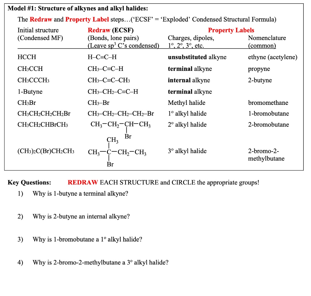 SOLVED: Model #1: Structure of alkynes and alkyl halides: The Redraw ...