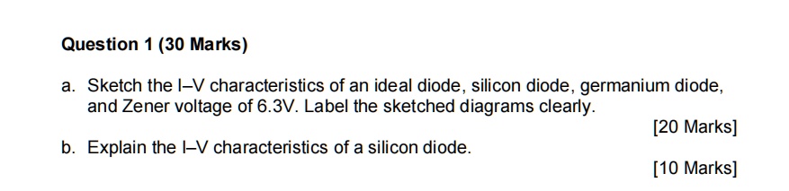 SOLVED: Question 1 (30 Marks) a. Sketch the I-V characteristics of an ideal diode, silicon diode ...