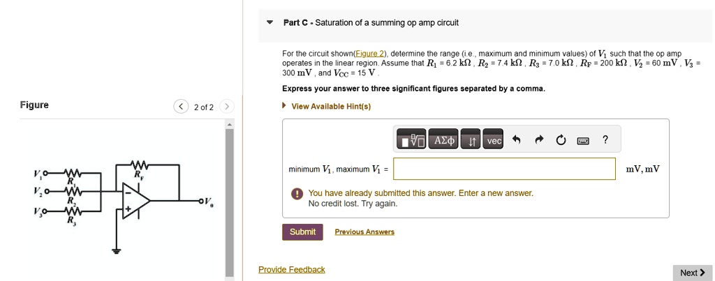 Part C - Saturation of a summing op amp circuit For the circuit shown(Figure 2), determine the ...