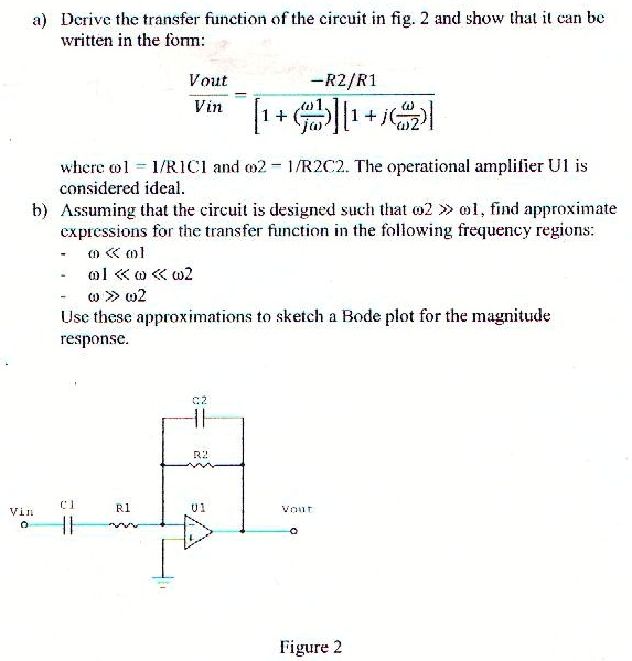 a) Derive the transfer function of the circuit in fig. 2 and show that ...