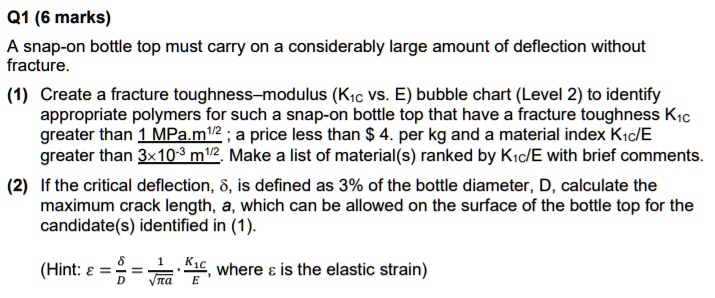 SOLVED: Q1(6marks) A snap-on bottle top must carry on a considerably large amount of deflection ...