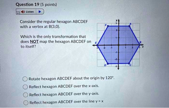 SOLVED: Question 19 (5 points) Listen Consider the regular hexagon ABCDEF with vertex at B(3,0 ...