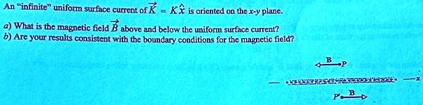 SOLVED: An infinite uniform surface current of K=K is oriented on the x ...