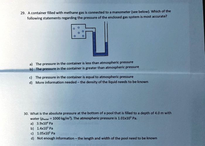 SOLVED: container filled with methane gas connected to manometer (see below) Which of the ...
