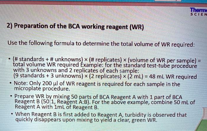 SOLVED: Therm SciEN 2) Preparation of the BCA working reagent (WR) Use ...