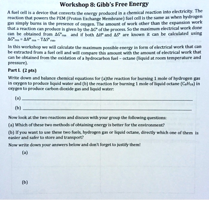 SOLVED: Workshop : Gibb's Free Energy A fuel cell is a device that ...