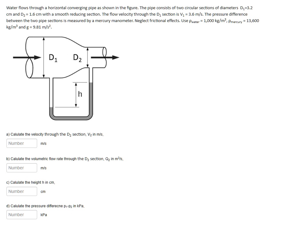water flows through a horizontal converging pipe as shown in the figure ...