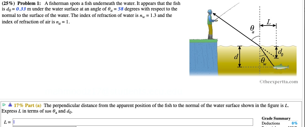 SOLVED: Problem 1: A fisherman spots fish underneath the water. It ...