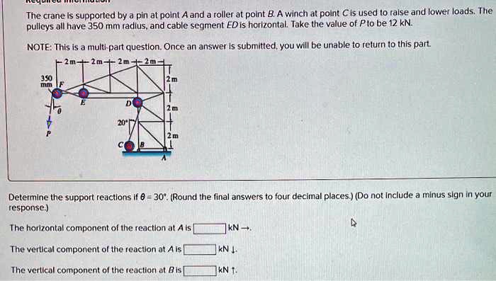 The crane is supported by a pin at point A and a roller at point B. A ...